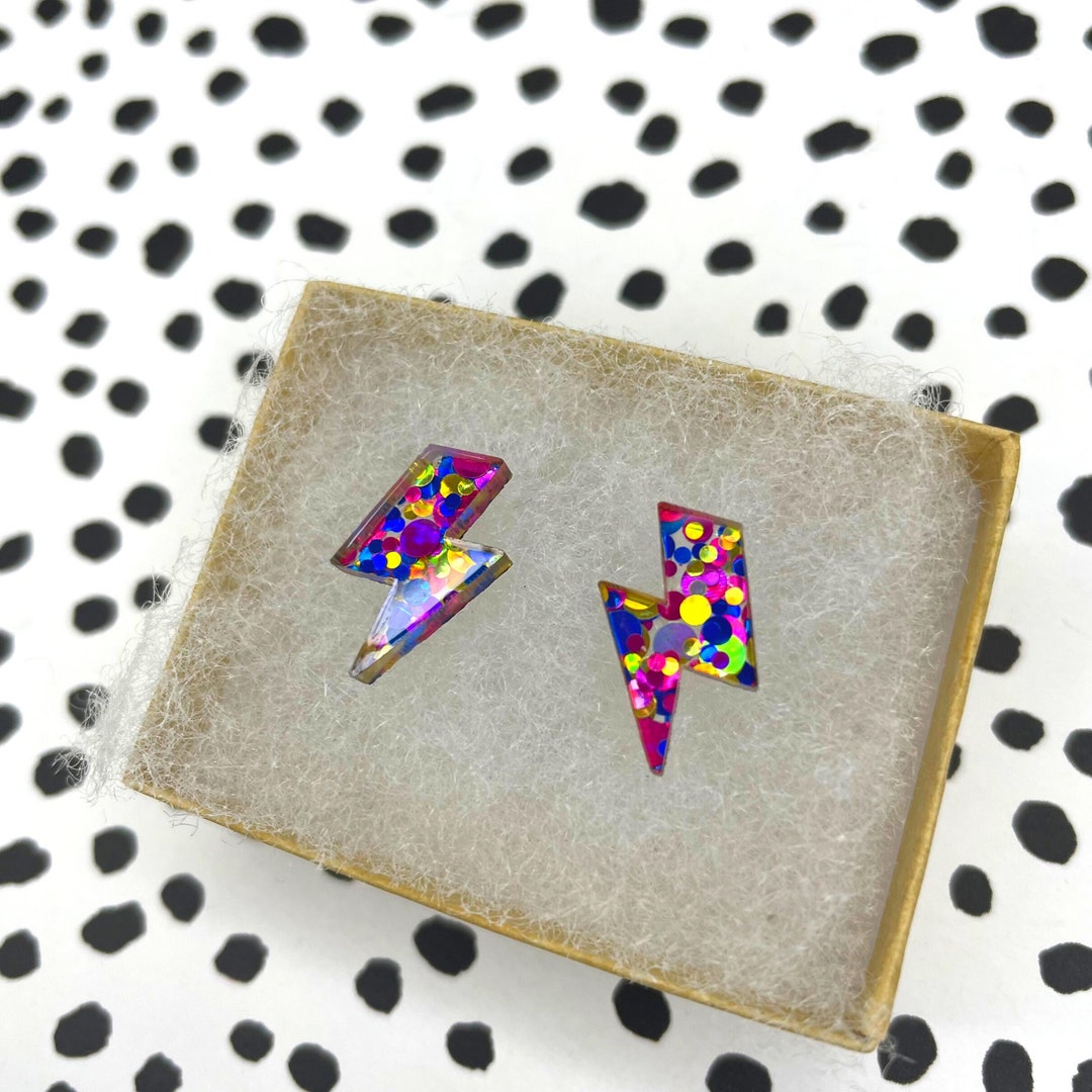 Pink Speckle Glitter Lightning Bolt Stud Earrings // Handmade Acrylic Earrings // Plastic ...