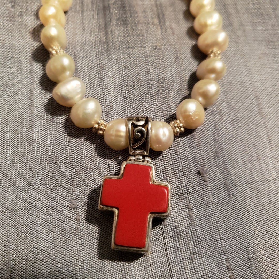 Reversible Sterling or Red Stone Thick Small Cross on White - Etsy