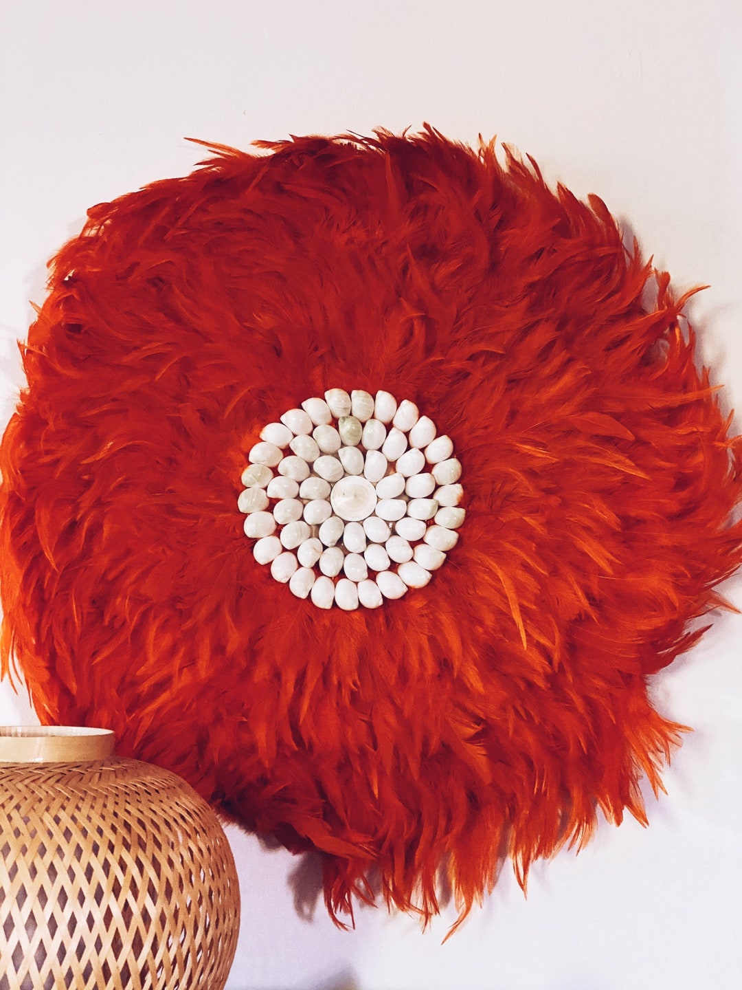 Juju Hat Red in Feathers and Shells, Jujuhat, Jujuhat Bali, Large Boho ...