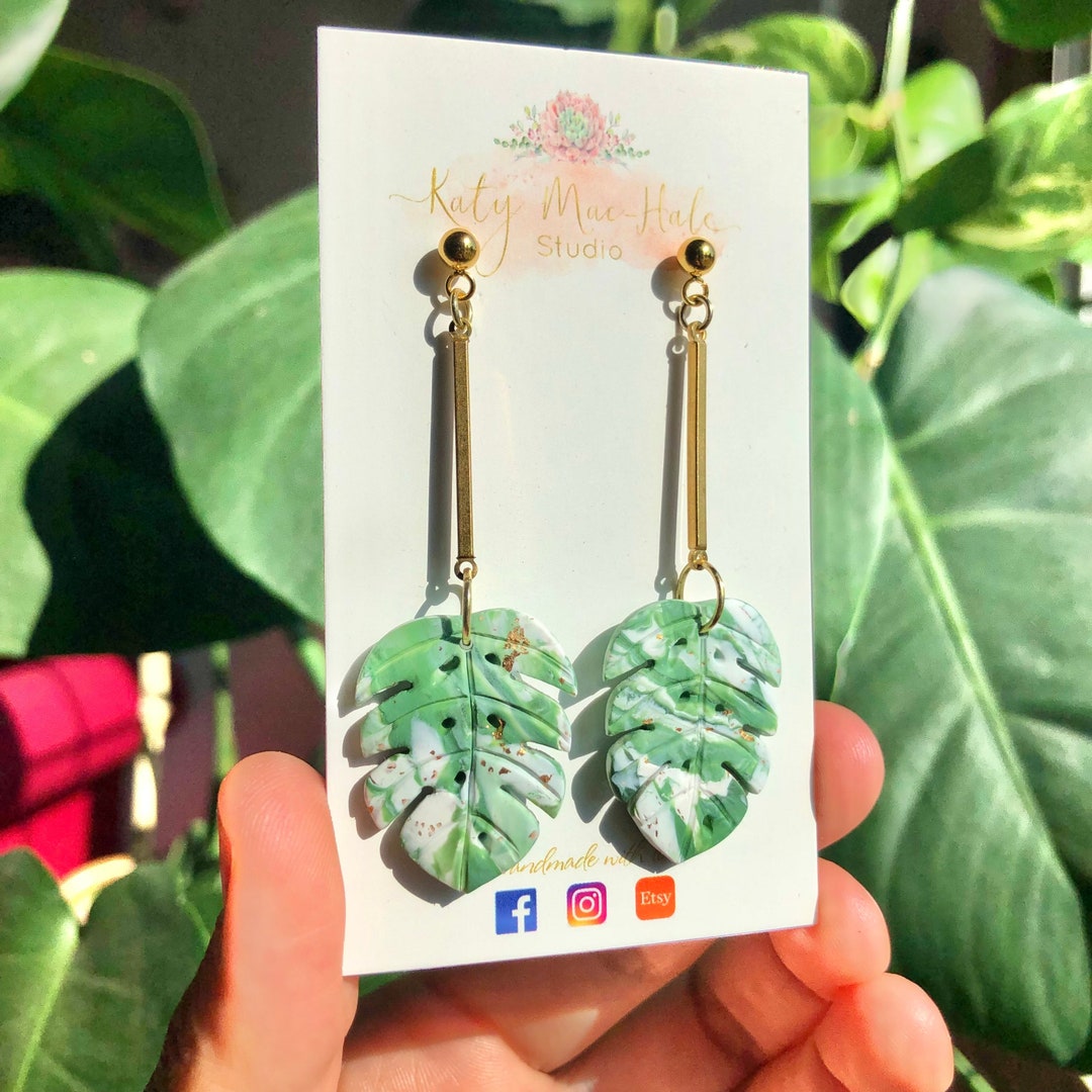 Monstera Plant Earrings, Long Plant Earrings, Clay Modern Earrings ...