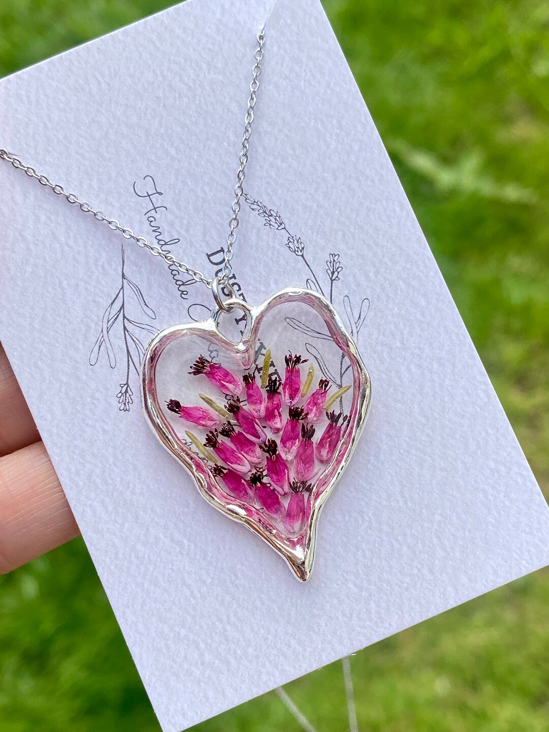Real Heather Beautiful Heart Necklace, Pink Scotch Heather, Gift for ...