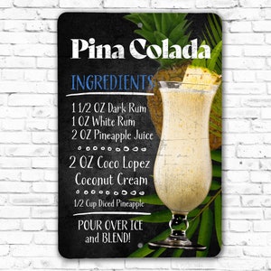 Bar Sign | Pina Colada Recipe Bar Sign | Cocktail Recipe Sign - Etsy