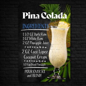 Bar Sign | Pina Colada Recipe Bar Sign | Cocktail Recipe Sign - Etsy