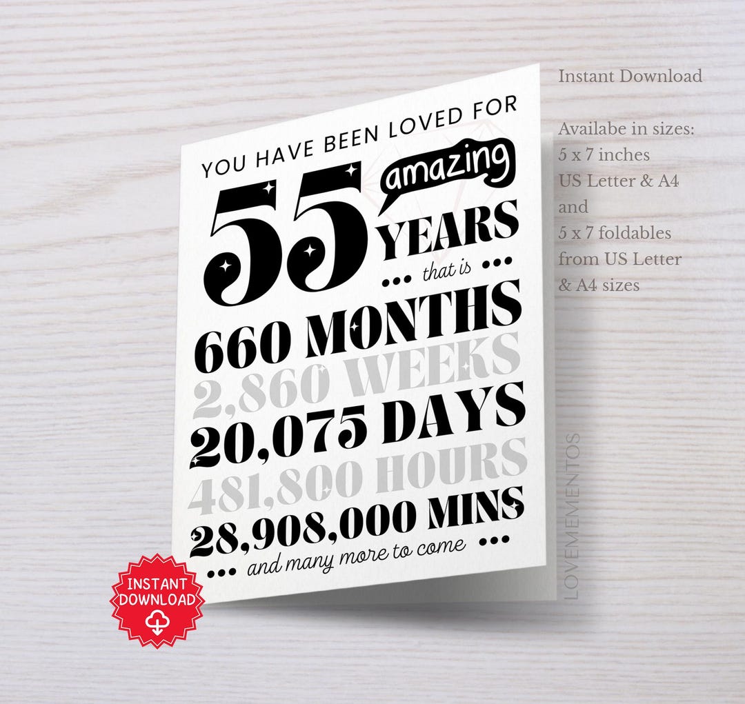 55th Birthday Printable Card, 55th Birthday Gift Men Women, Funny 55th ...