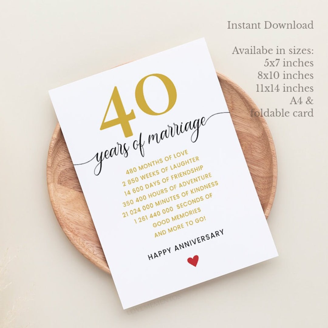 40th Anniversary Card, Printable 40 Years Wedding Anniversary Card for ...