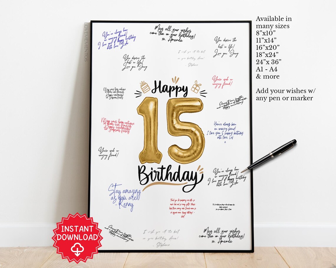 Printable 15th Birthday Decorations, 15th Birthday Guest Book, 15th ...