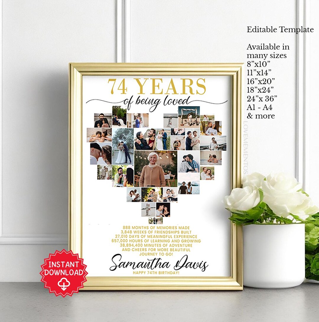 74th Birthday Heart Photo Collage Editable Template, 74th Birthday Gift ...