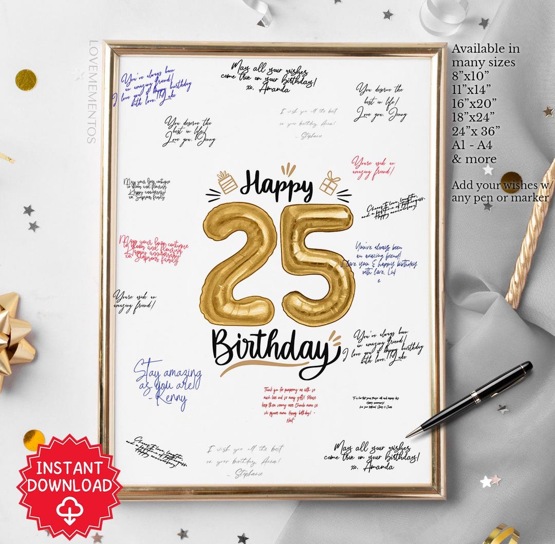 Printable 25th Birthday Decorations, 25th Birthday Guest Book, 25th ...