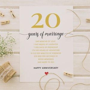 20th Anniversary Card, Printable 20 Years Wedding Anniversary Card for ...