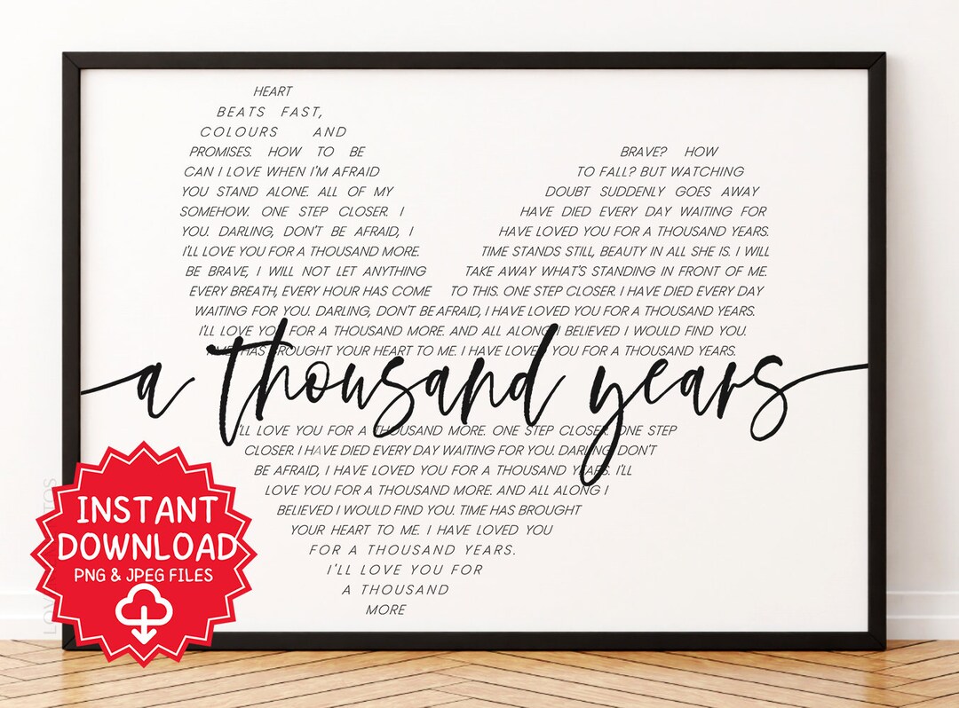 A Thousand Years Song Lyrics Wall Art- Christina Perri, Wedding Song ...