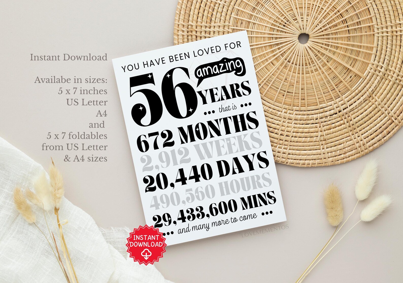 56th Birthday Printable Card, 56th Birthday Gift Men Women, Funny 56th ...