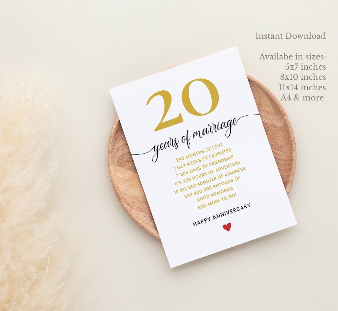 20th Anniversary Card, Printable 20 Years Wedding Anniversary Card for ...