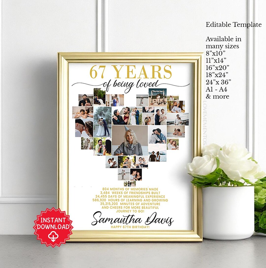 67th Birthday Heart Photo Collage Editable Template, 67th Birthday Gift ...