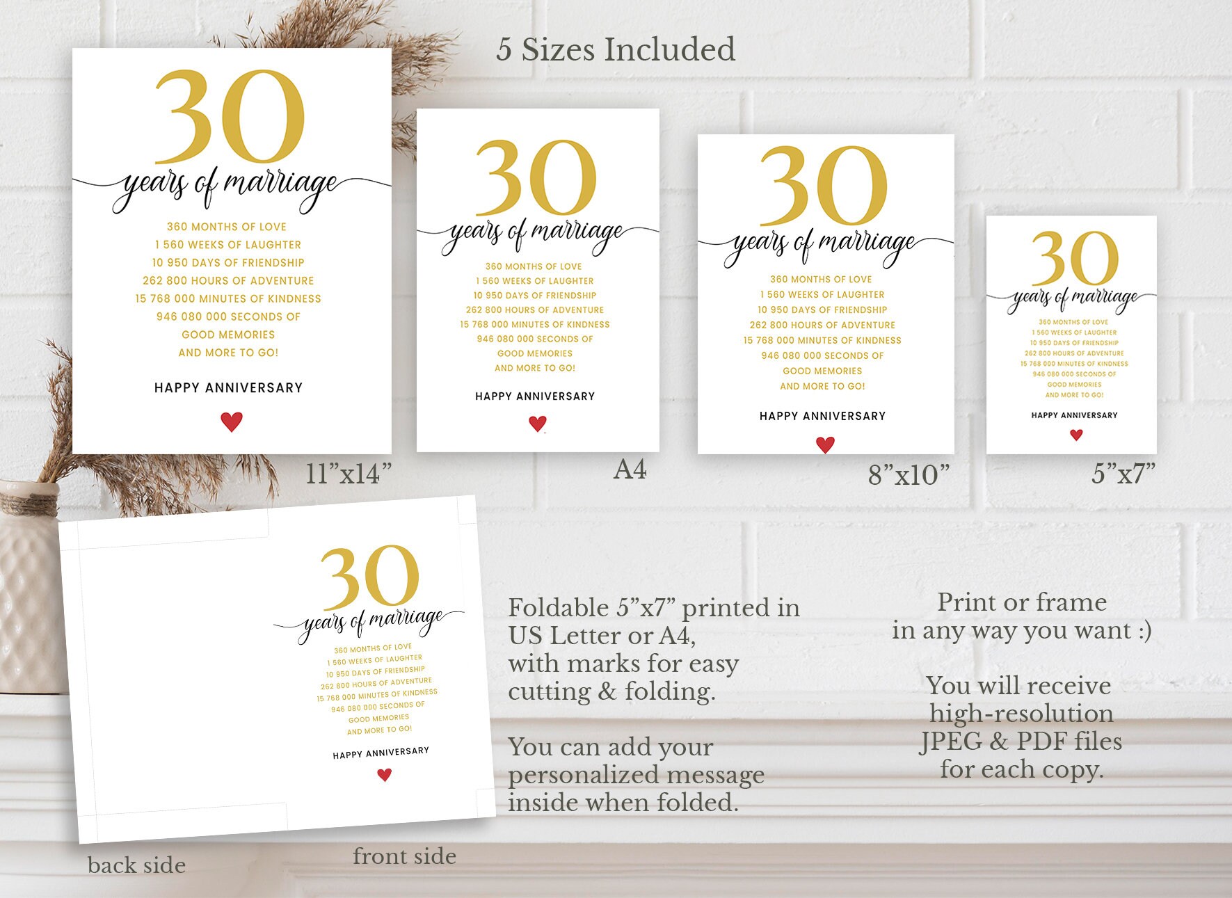 30th Anniversary Card, Printable 30 Years Wedding Anniversary Card for ...