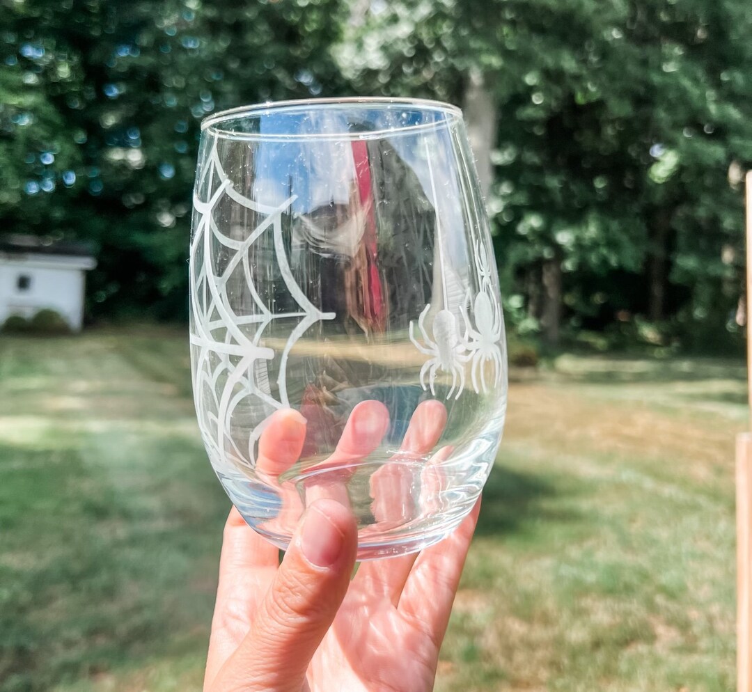 Spiders Spider Website Etched Wine Glass Spooky Halloween Fall Etched ...