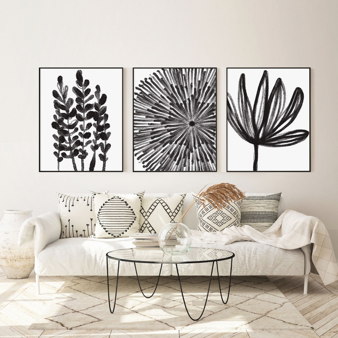 Black and White Abstract Art Prints Set of 3 Black Botanical - Etsy