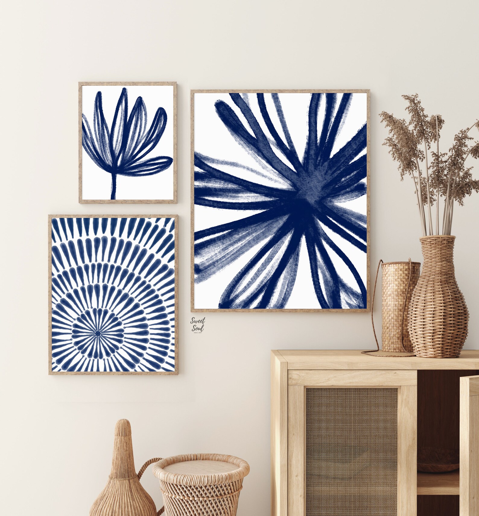 Wall Art Set of 3 Blue Abstract Digital Prints Living Room - Etsy