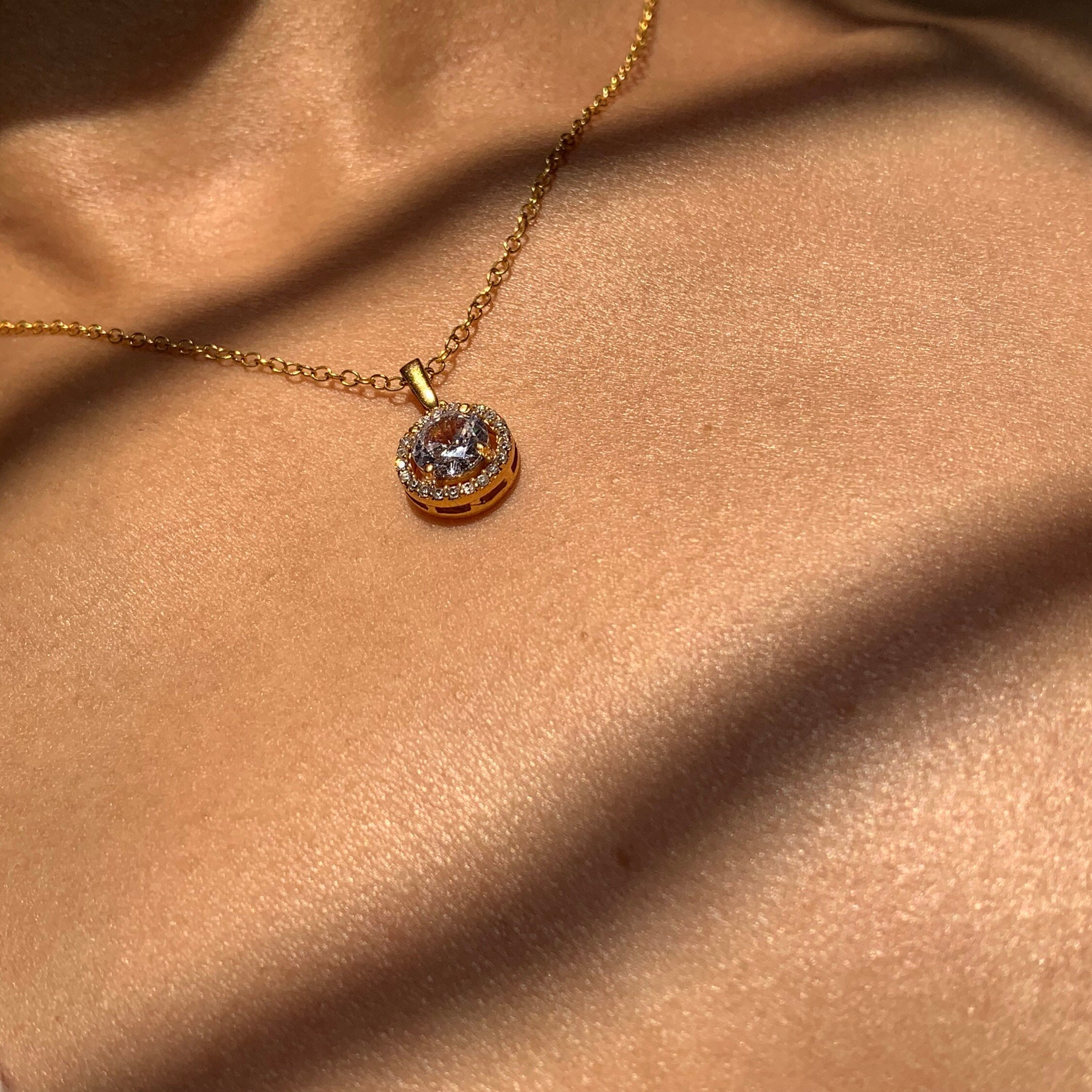 Halo Necklace, Small Round Diamond Necklace in Gold, Made in Sterling ...