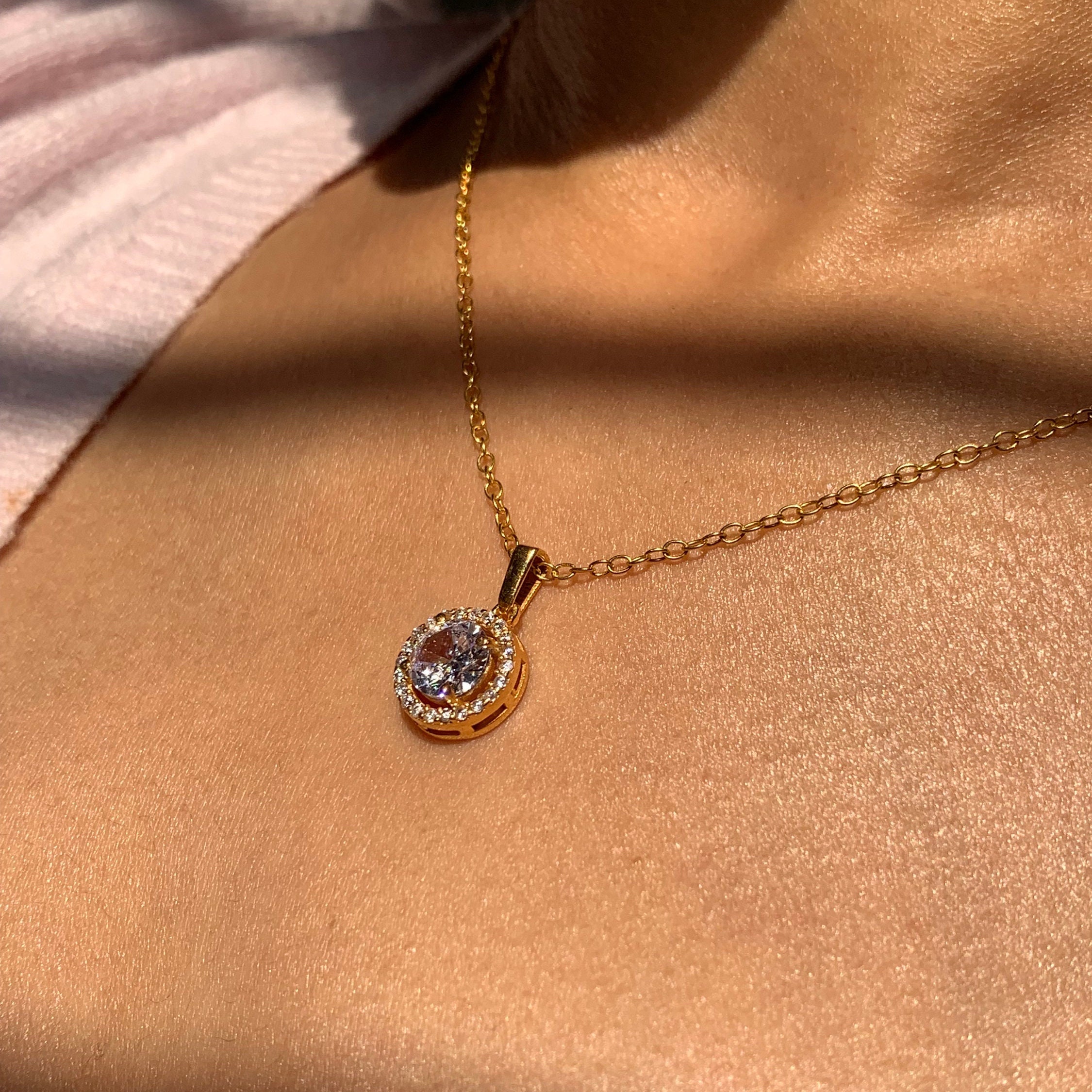Halo Necklace, Small Round Diamond Necklace in Gold, Made in Sterling ...