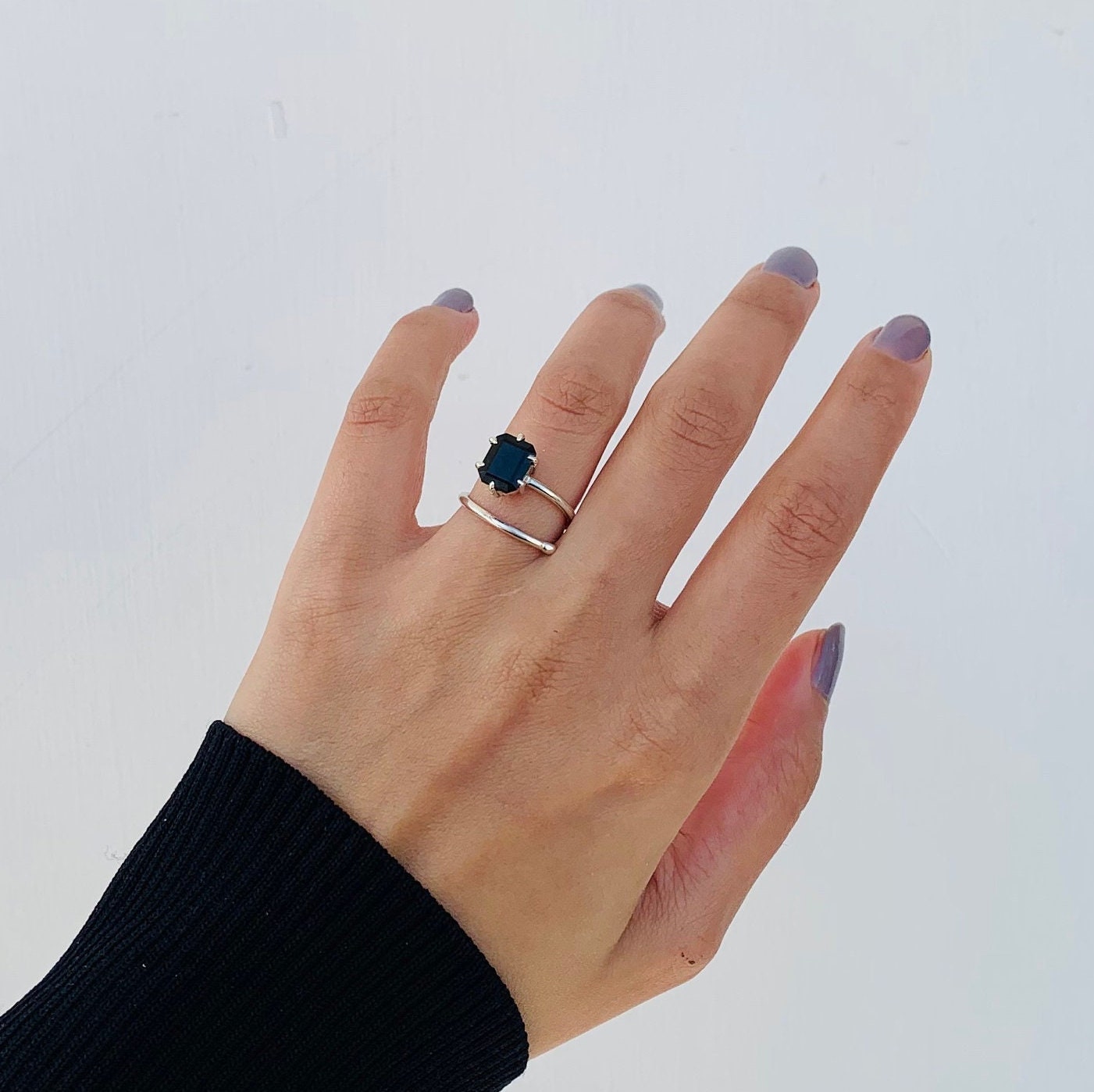 Adjustable Gemstone Ring, Black Rainbow Obsidian Ring in 6 Prong Setting, Made in 925 Pure ...