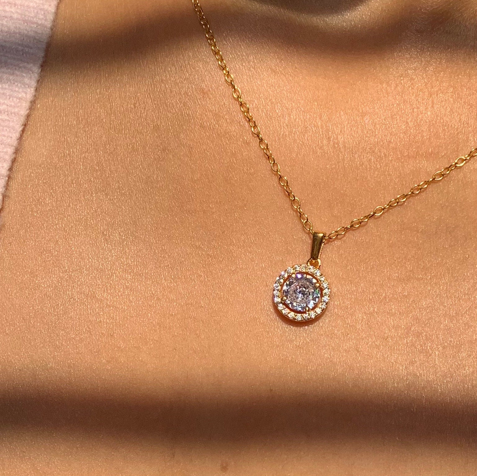 Halo Necklace, Small Round Diamond Necklace in Gold, Made in Sterling ...