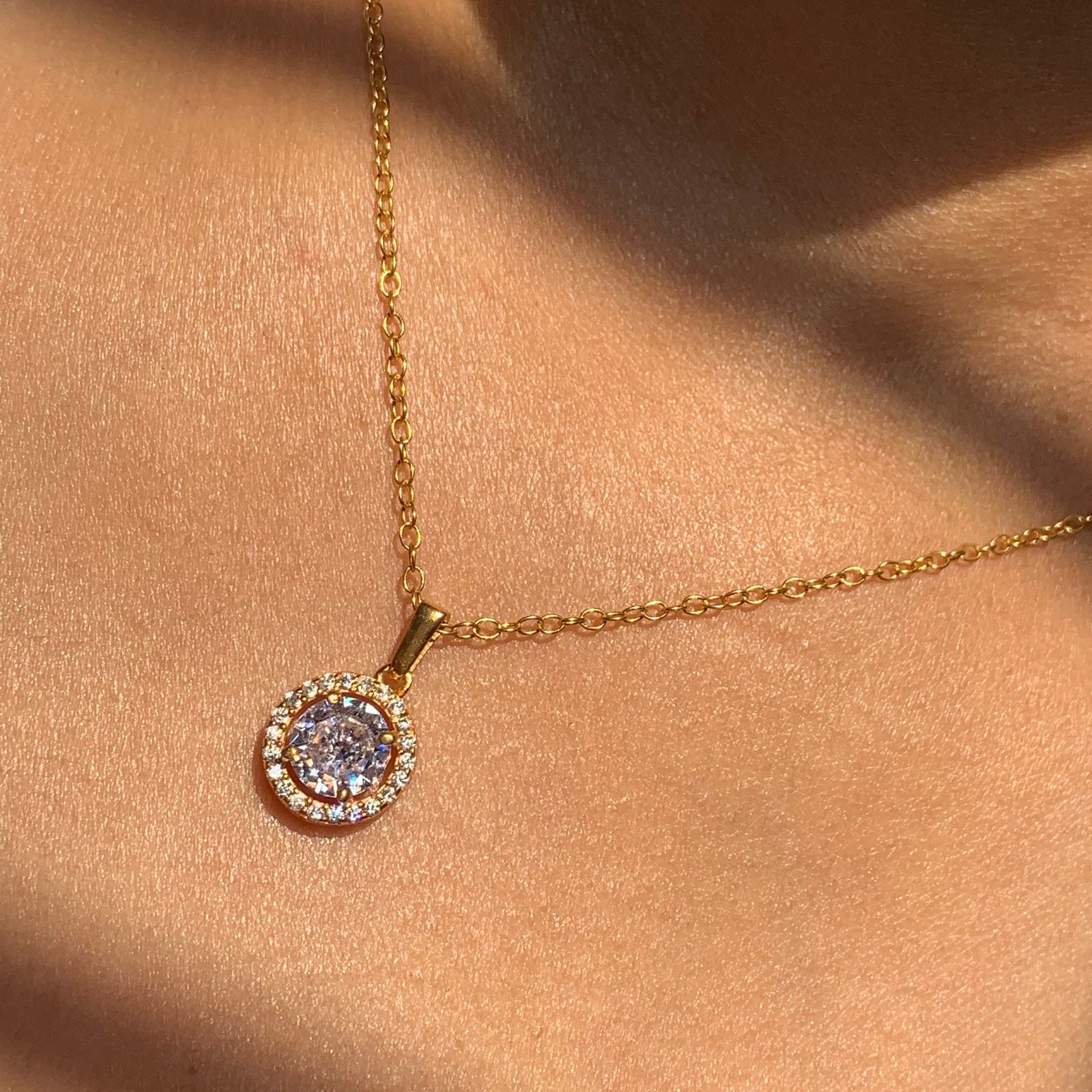 Halo Necklace, Small Round Diamond Necklace in Gold, Made in Sterling ...