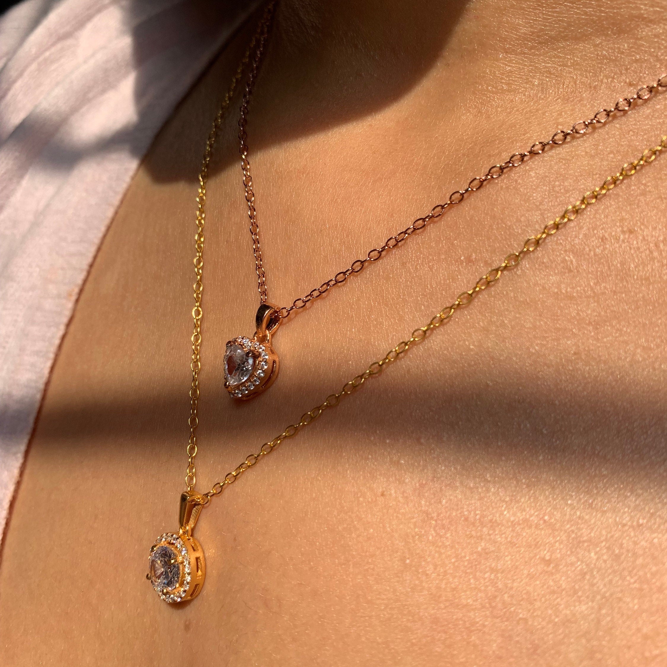 Halo Necklace, Small Round Diamond Necklace in Gold, Made in Sterling ...