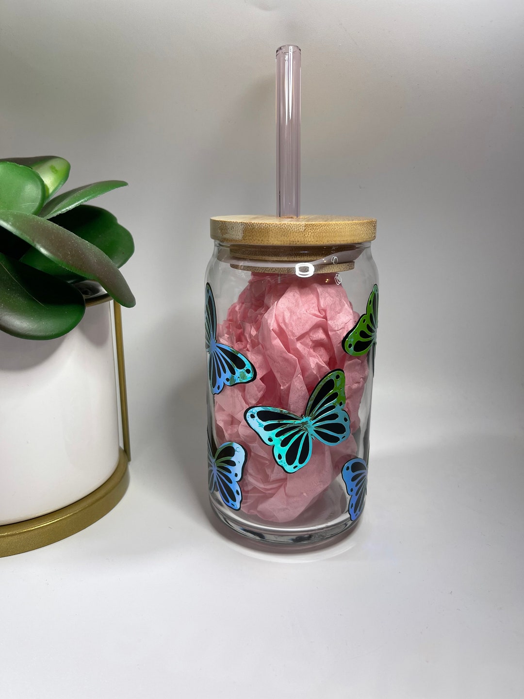 Butterfly Holographic, Beer Can Glass W/ Lid + Straw, Pretty Inspired ...