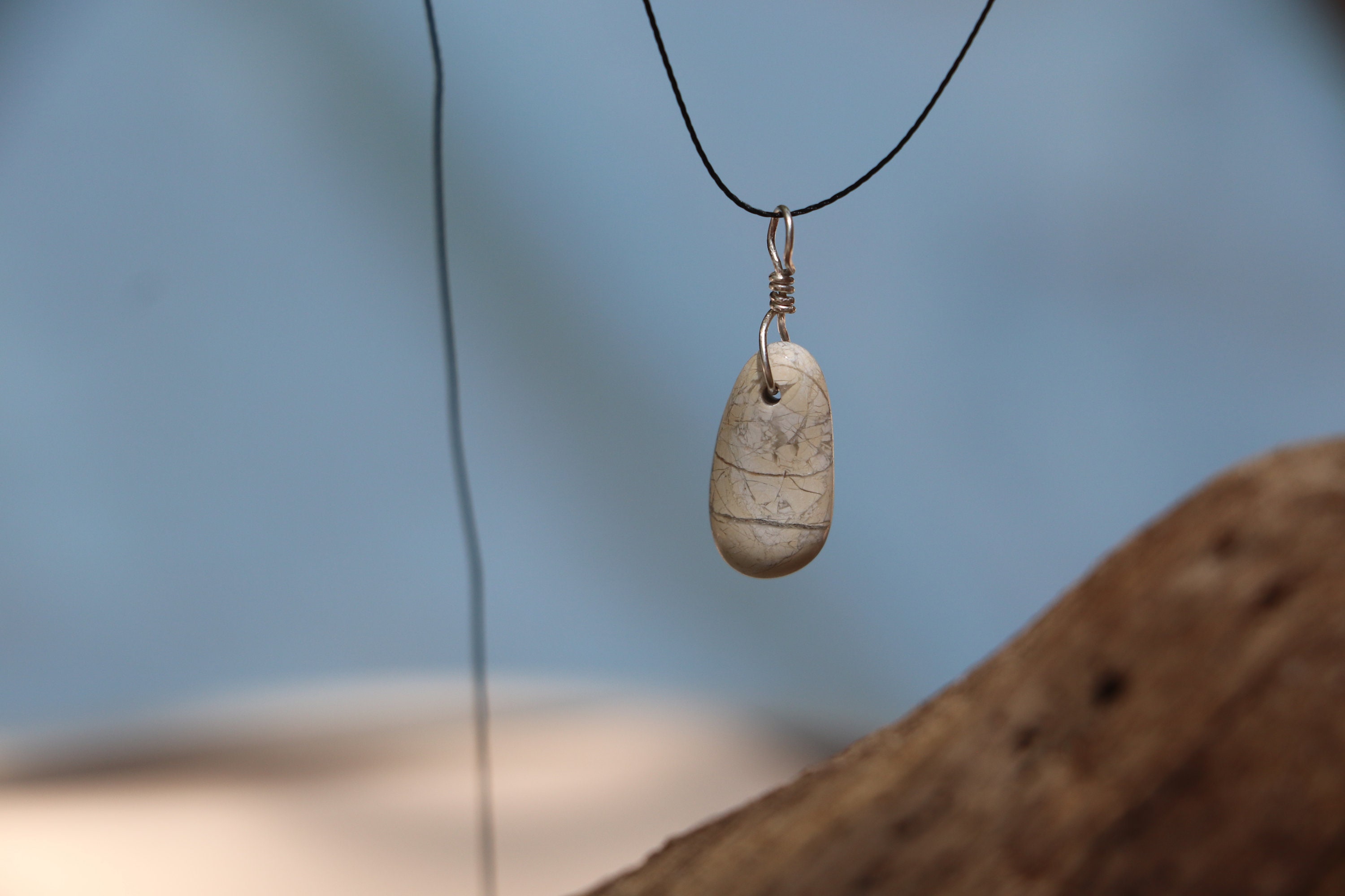 Small Oval Cream Beach Pebble With Lines, S.S. Wire Wrapped Bail, Tiny ...