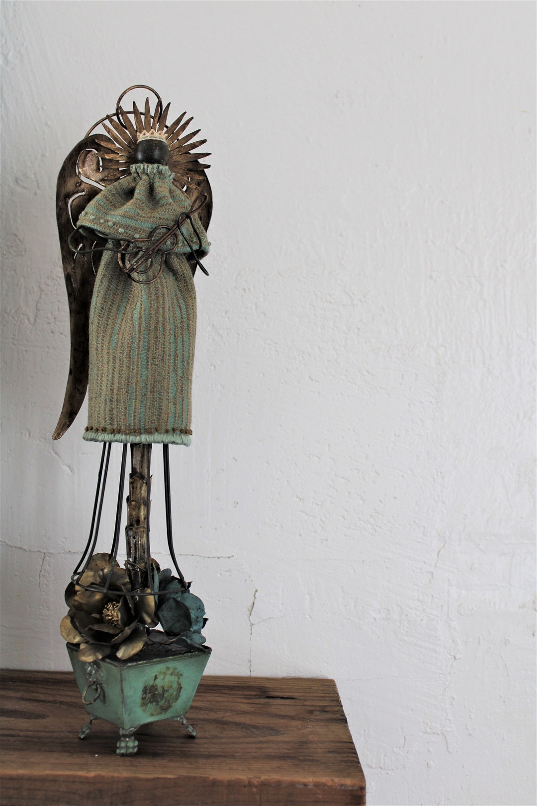 Assemblage Art, Vintage Patina Brass Angel W/ Hand Embroidered Dress ...