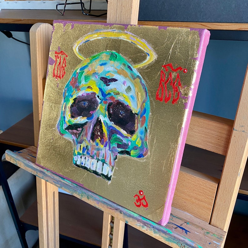 Skull Painting Gold Leaf Original Art Skeleton Artwork Oil Canvas 12x12 ...