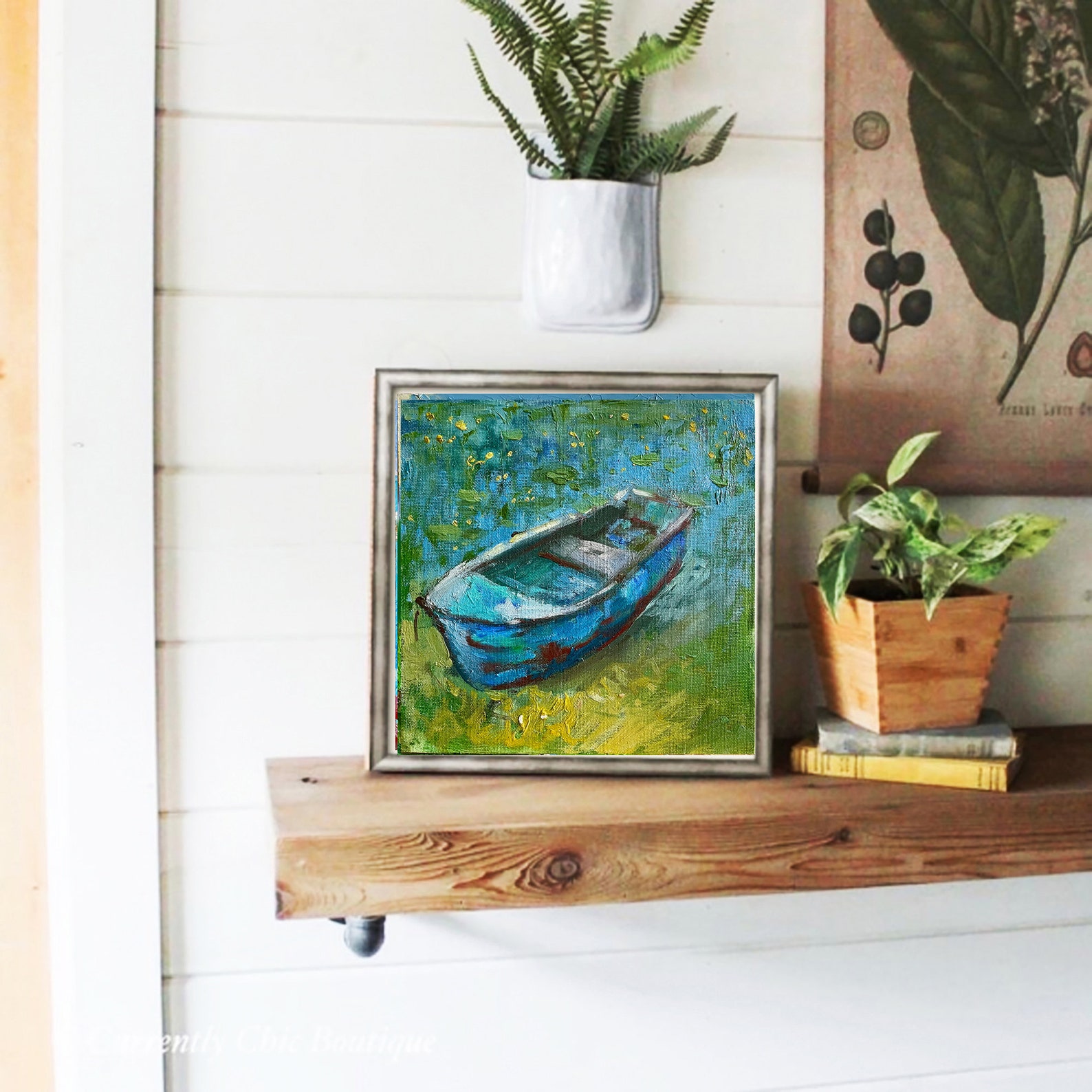 Row Boat Painting Original Art Lakeside Oil Painting Blue Fishing Boat ...