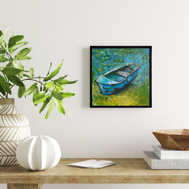 Row Boat Painting Original Art Lakeside Oil Painting Blue Fishing Boat ...