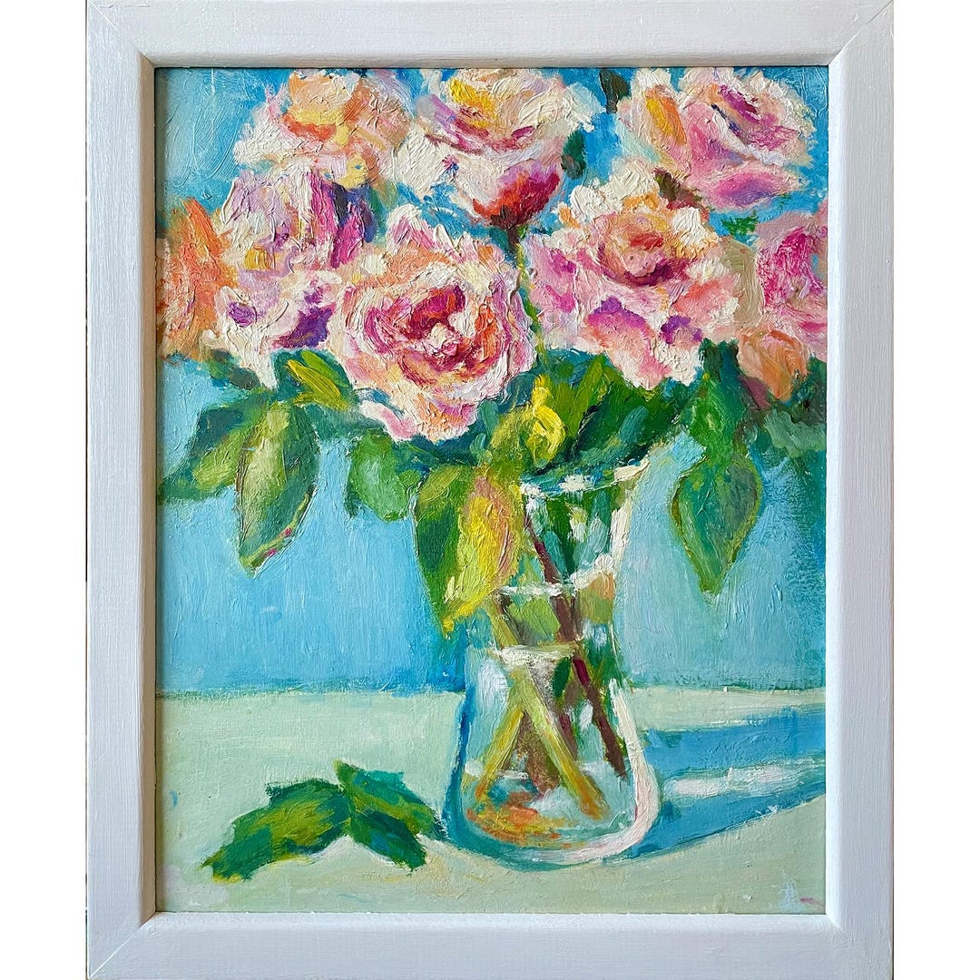Rose Painting Floral Original Art Framed Roses Oil Impasto 9.5 X 12 ...