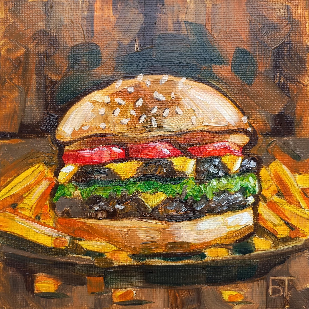 Hamburger Painting Fast Food Original Art Kitchen Wall Artwork 6x6 - Etsy