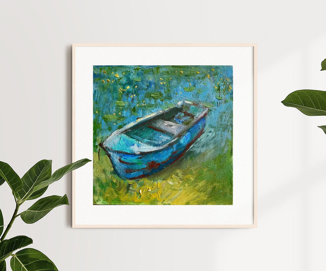 Row Boat Painting Original Art Lakeside Oil Painting Blue Fishing Boat ...