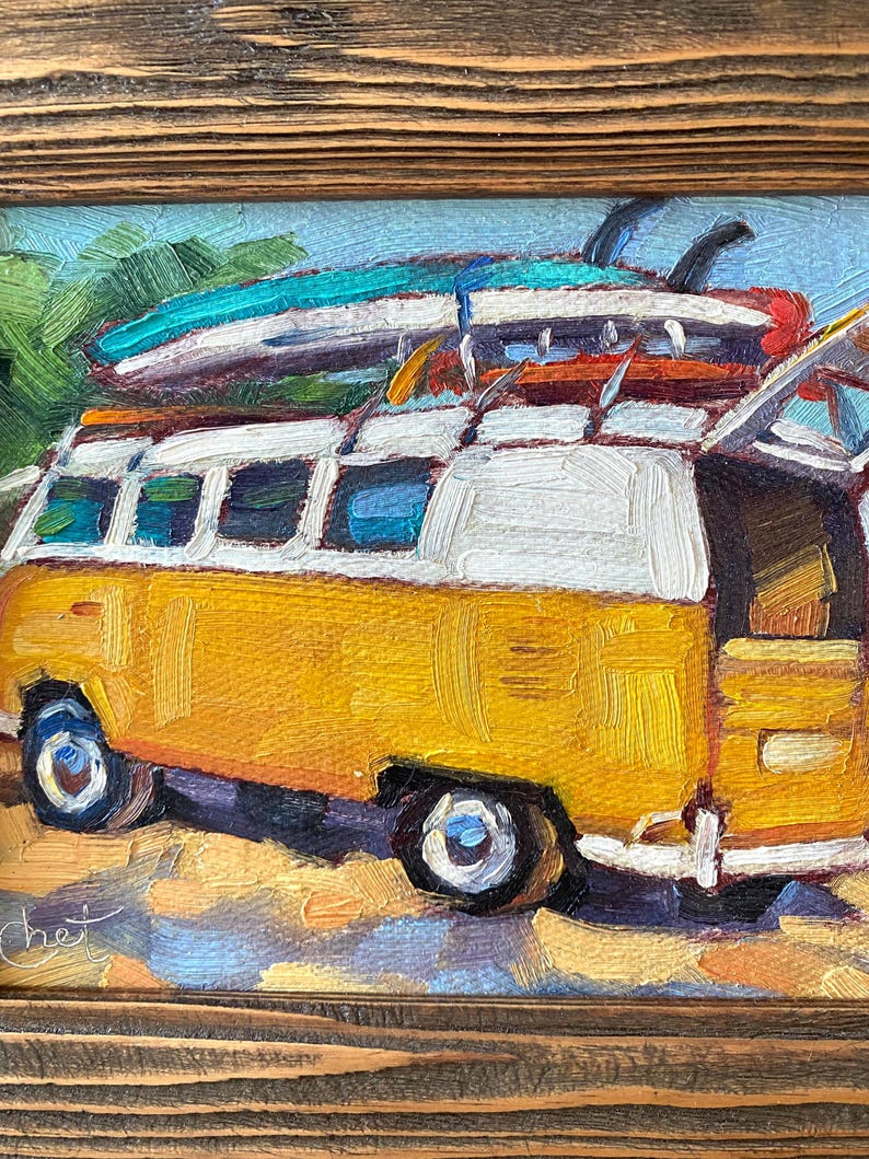 Surfing Bus Oil Painting Original Old Retro Car Artwork Van Life Wall ...