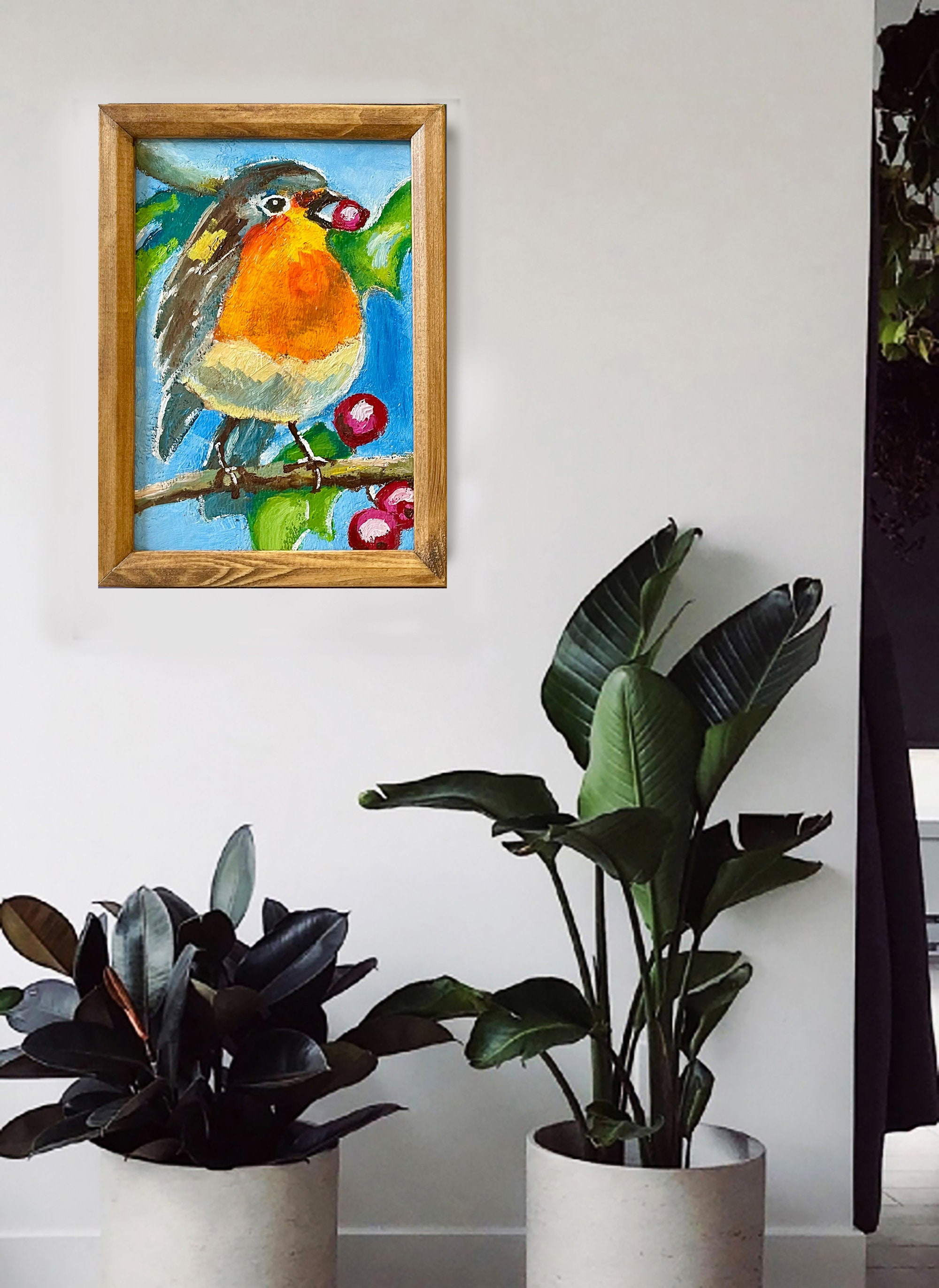 Robin Bird Painting Original Framed Mini Art Hand Painted Bird Wall Art ...