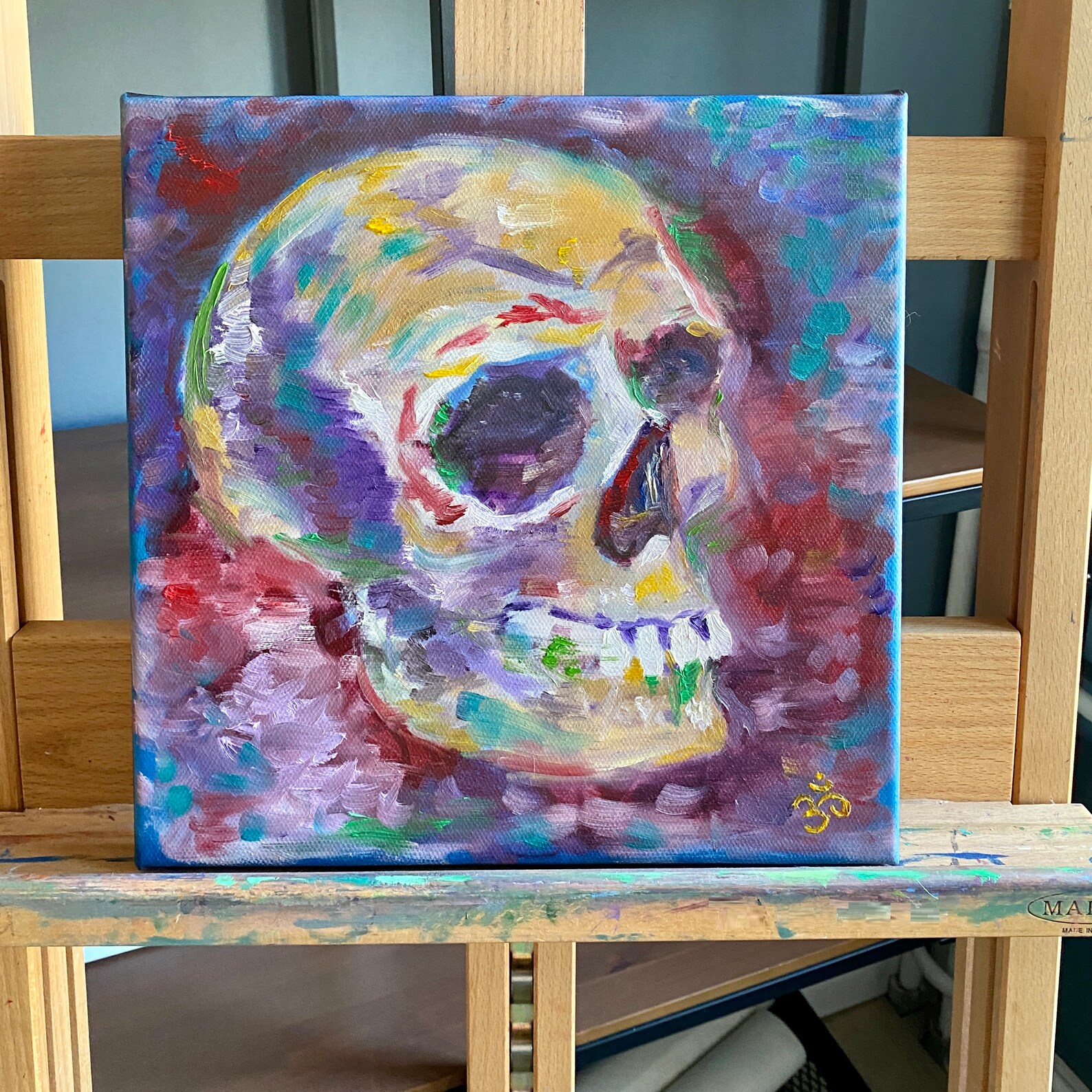Skull Painting Original Art Skeleton Artwork Oil Canvas 12x12 Icon ...