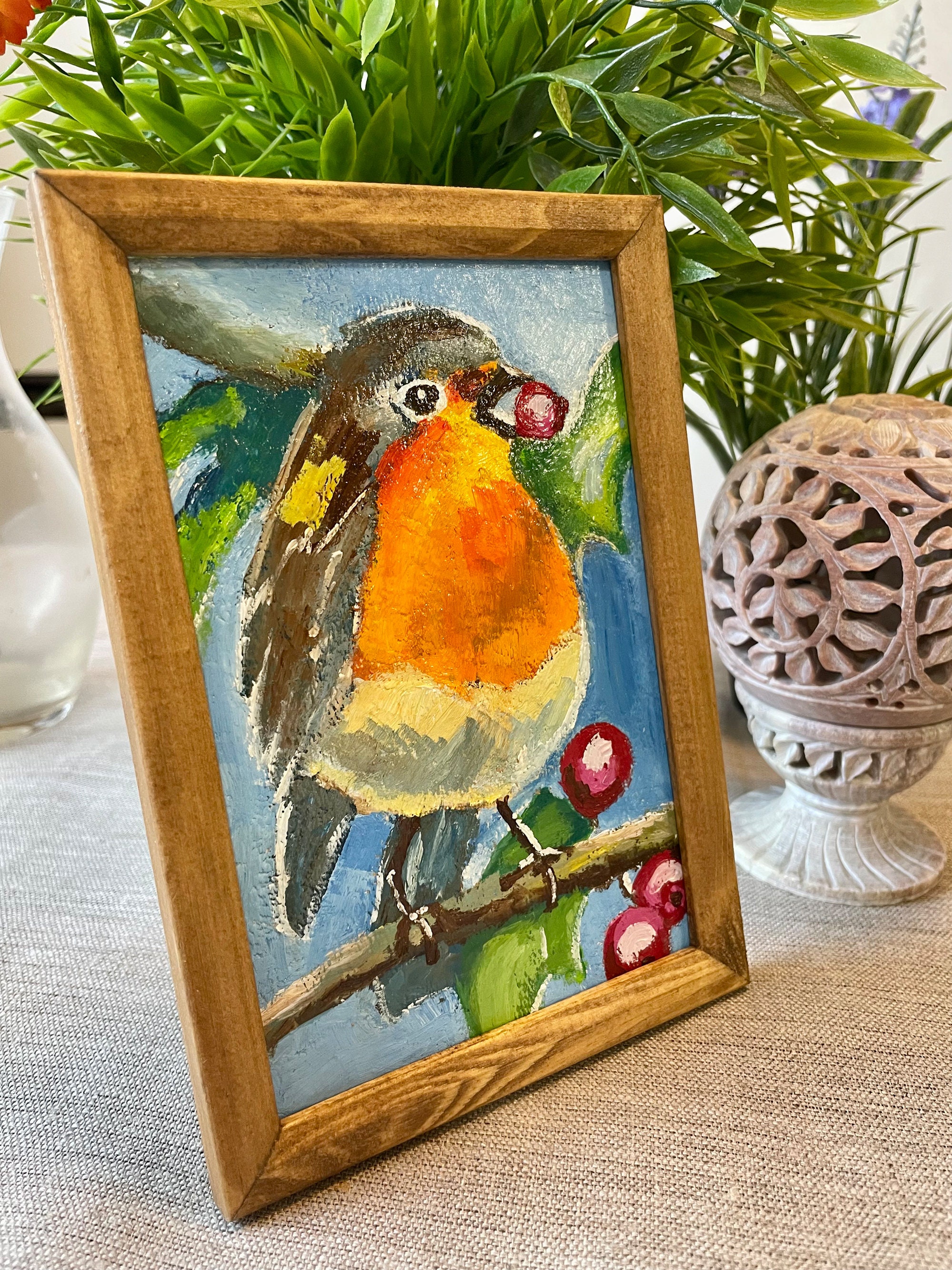 Robin Bird Painting Original Framed Mini Art Hand Painted Bird Wall Art ...