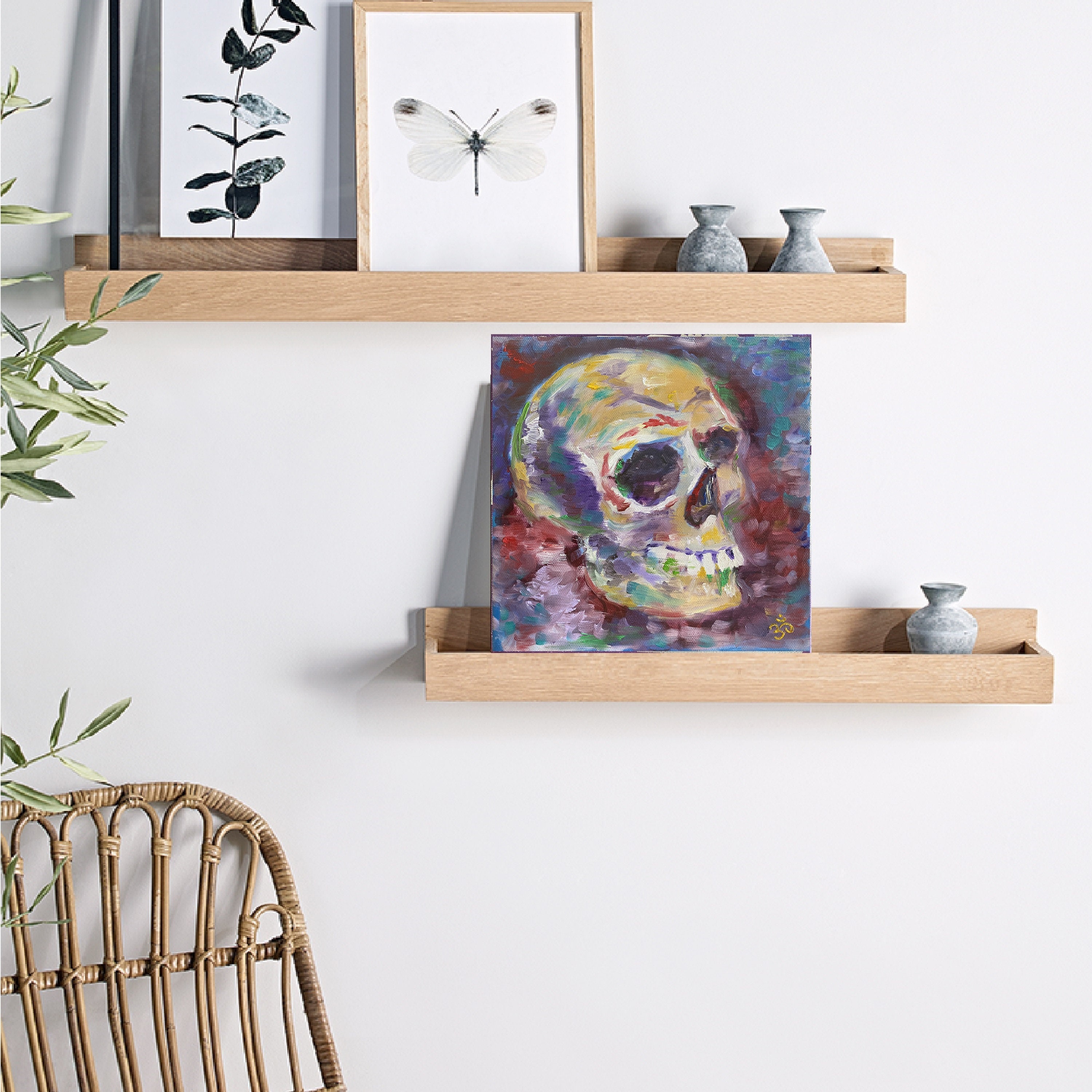 Skull Painting Original Art Skeleton Artwork Oil Canvas 12x12 Icon ...