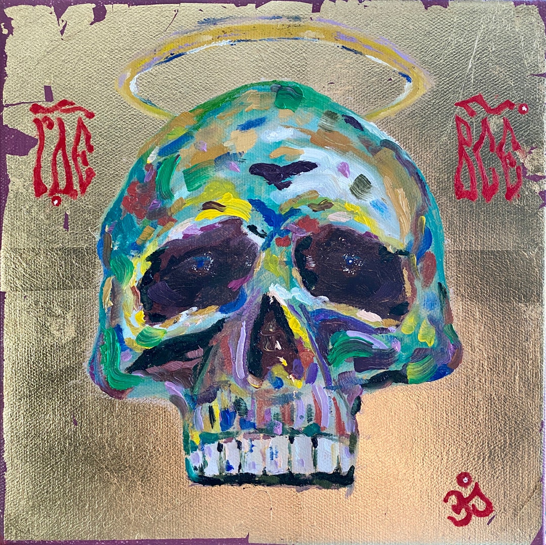 Skull Painting Gold Leaf Original Art Skeleton Artwork Oil Canvas 12x12 ...