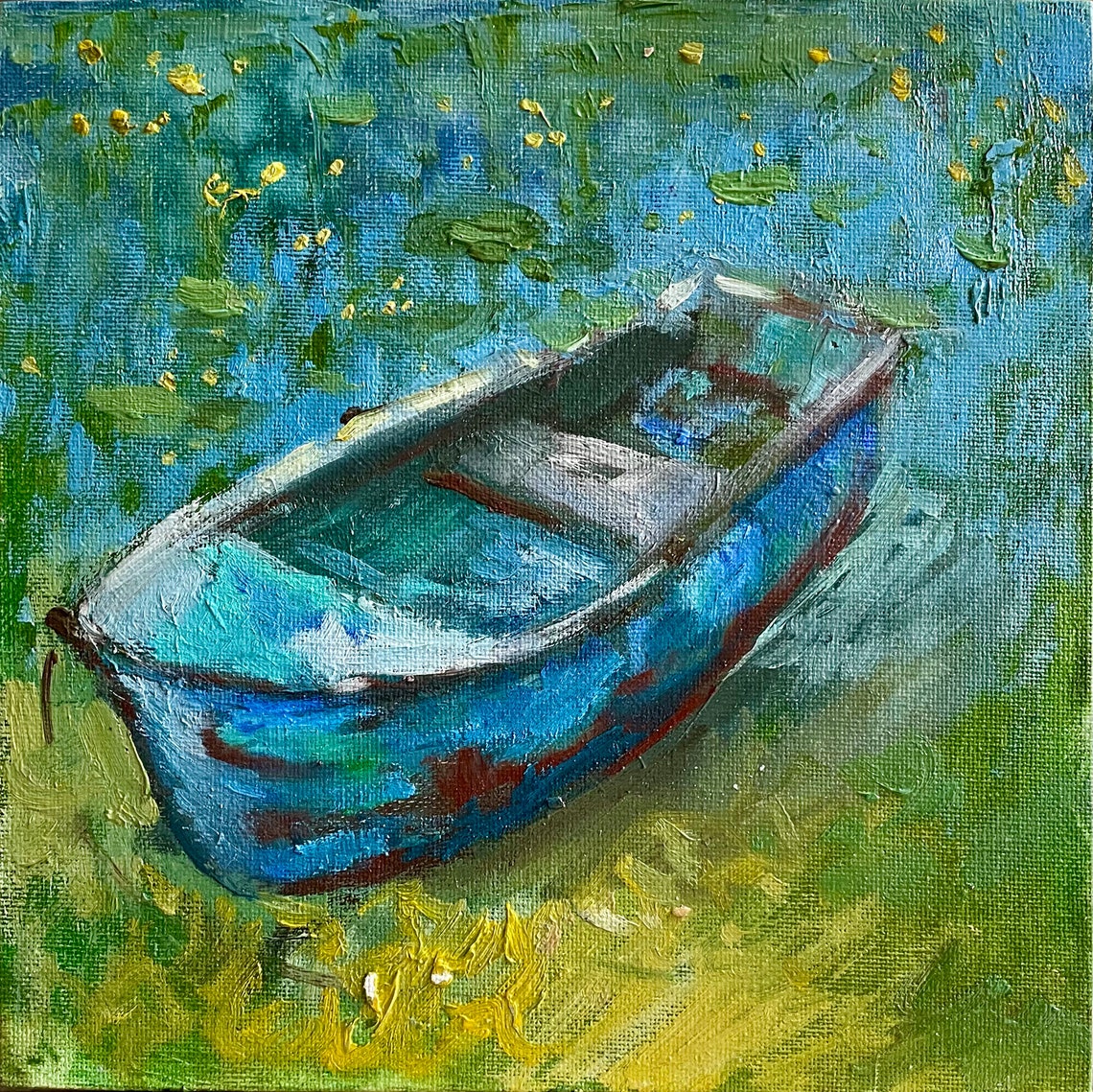 Row Boat Painting Original Art Lakeside Oil Painting Blue Fishing Boat ...
