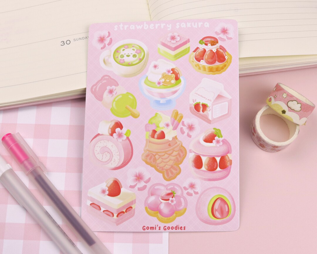 Strawberry Sakura | Matte Sticker Sheet - Cute Stationary - Kawaii ...