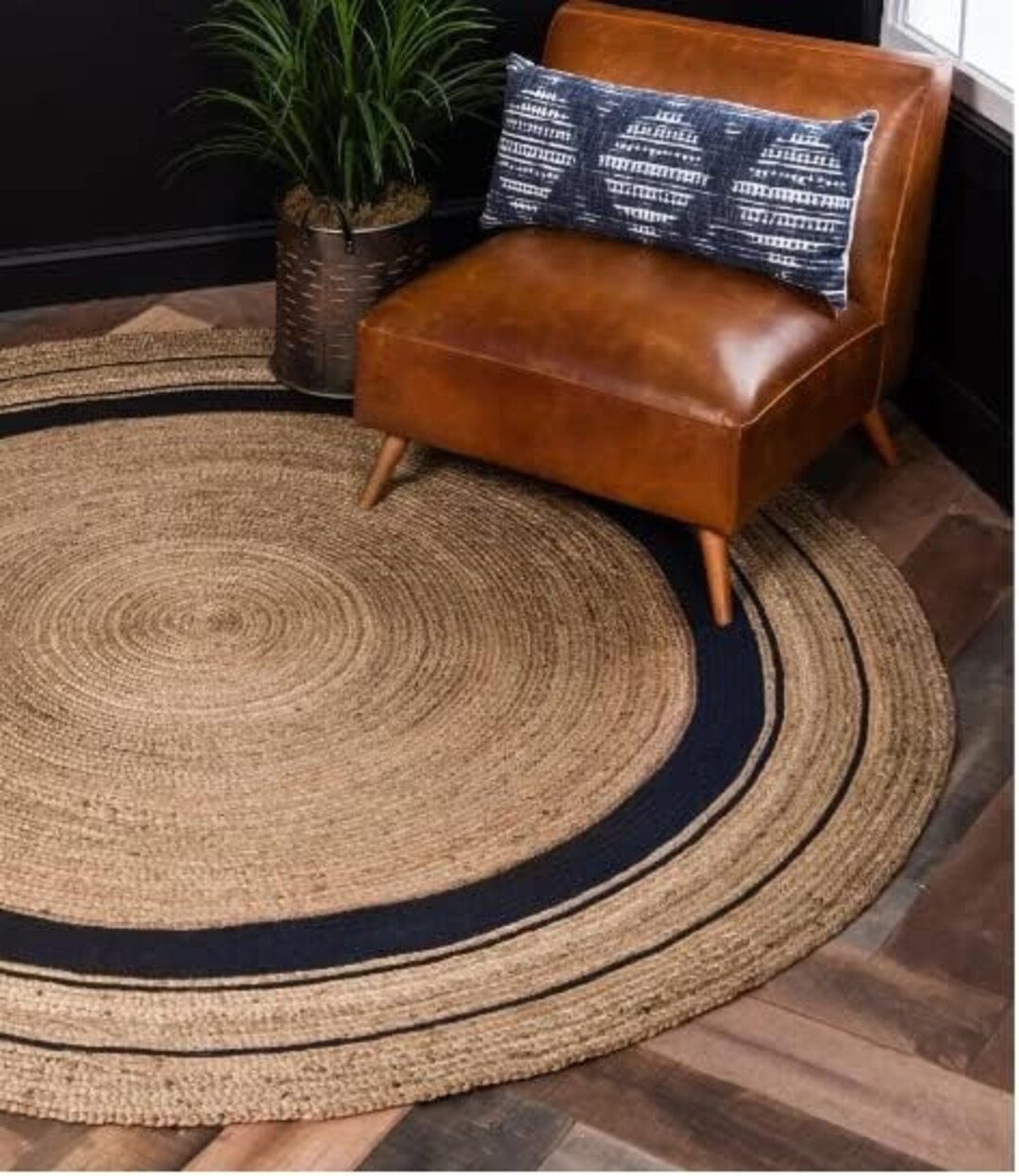 Handmade Bohemian Black Color Rikki Braided Border Round Area Jute Rug ...