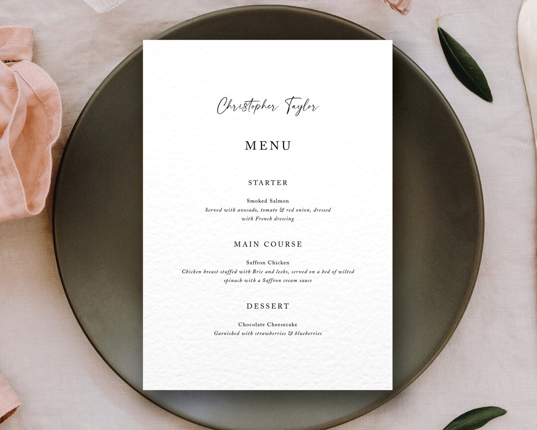Bespoke Printed Wedding Dinner Menu, Including Guests Names and Chosen ...