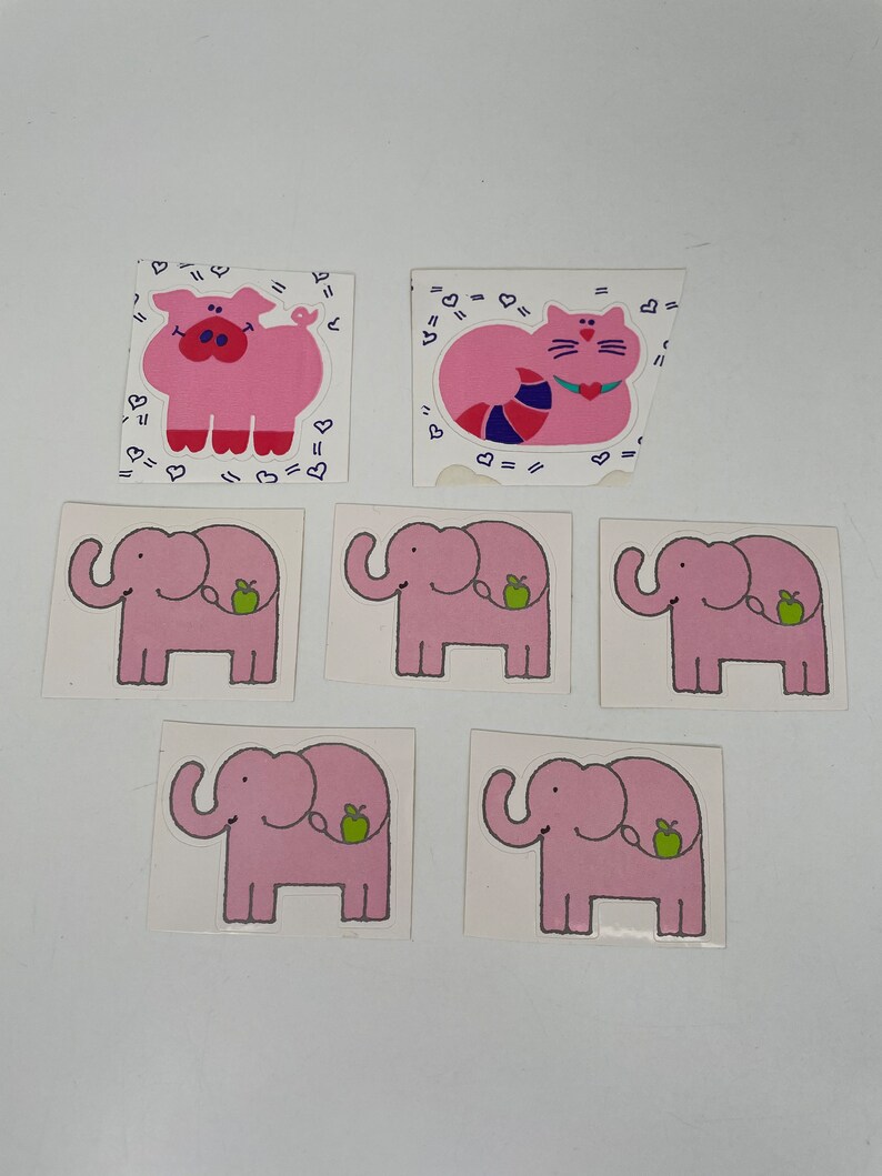 Vintage Stickers 80s Pink Elephants Green Apple Pink Cat Pig - Etsy