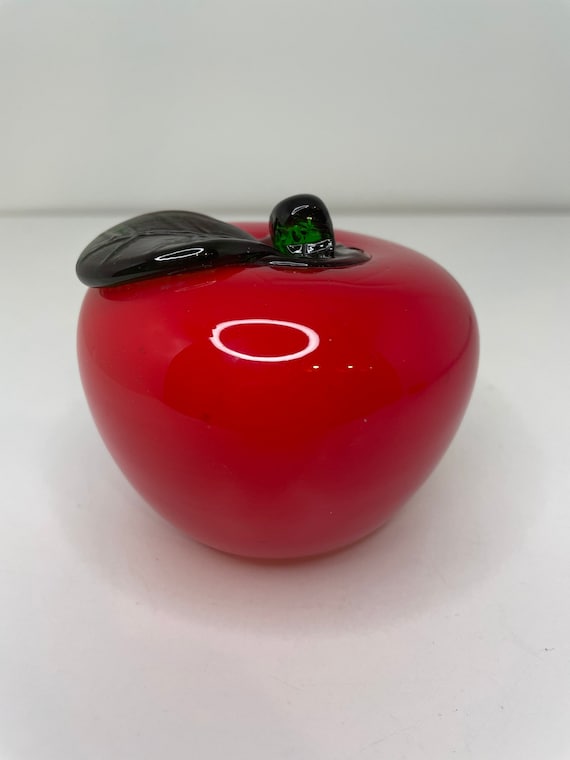 Glass Apple Hand Blown Deep Red Art Paperweight Figurine Green - Etsy