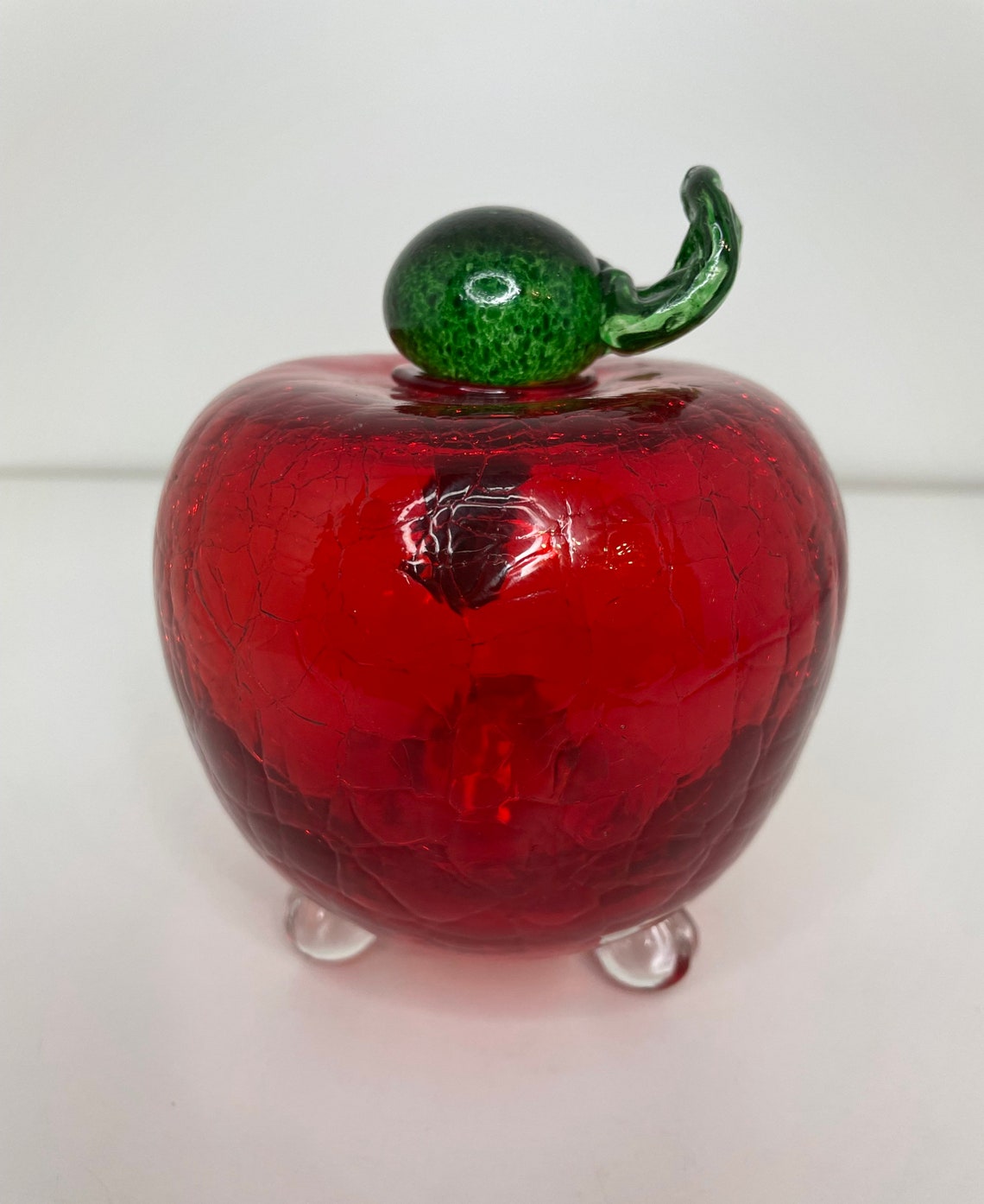 Blown Glass Red Apple Crackle With Removable Green Leaf Stem | Etsy