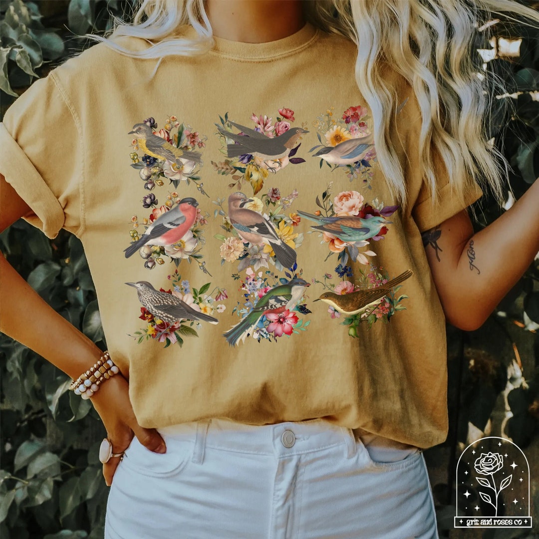 Cottagecore Clothing Vintage Birds and Flowers Graphic Tee Comfort ...